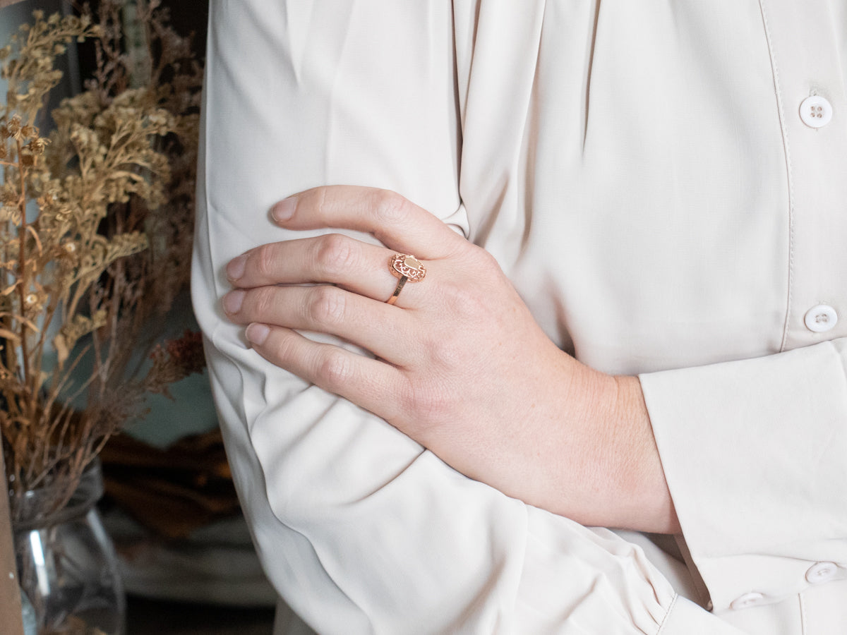Pretty Rose Gold Filigree Signet Ring - Market Square Jewelers