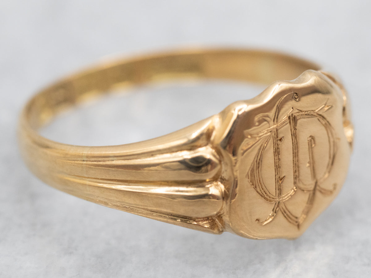 Yellow Gold Shield Signet Ring with Etched Design - Market Square Jewelers