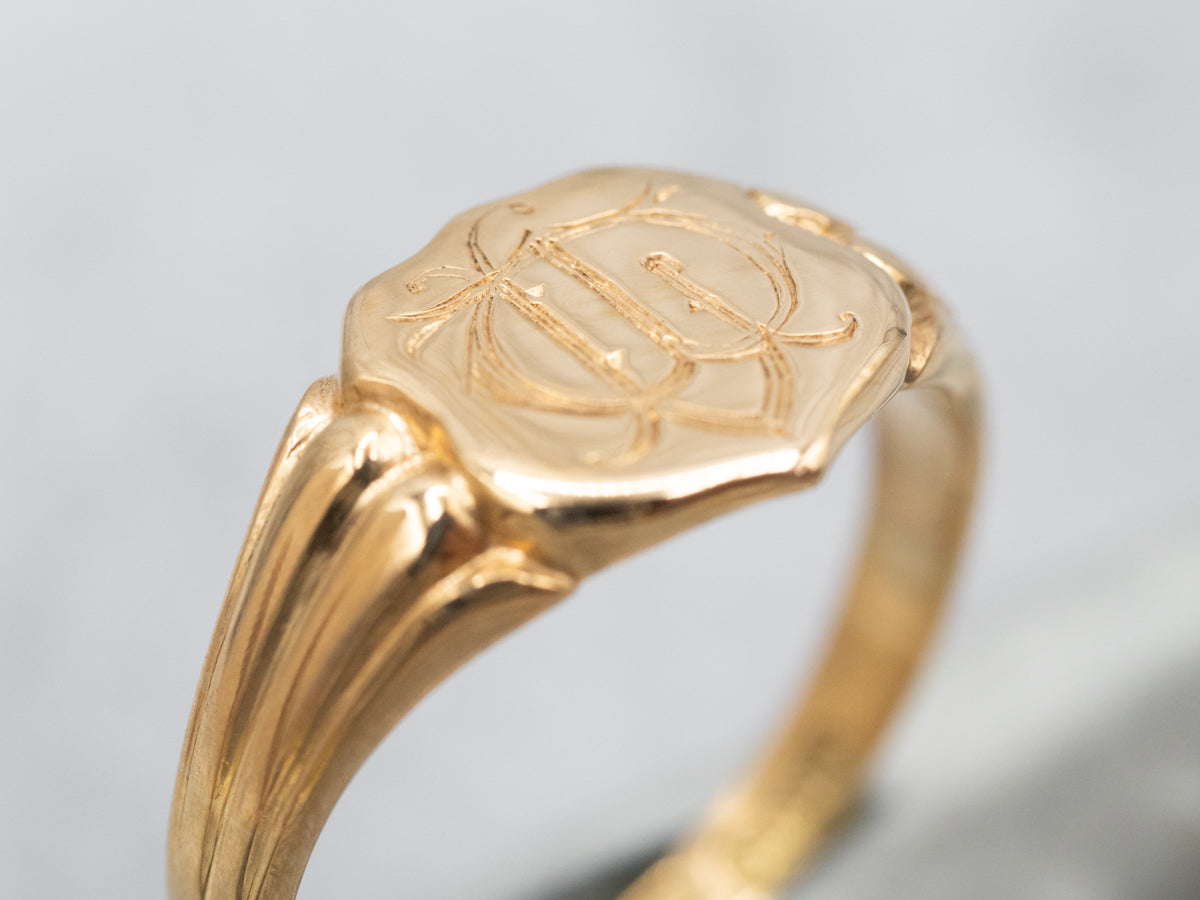 Yellow Gold Shield Signet Ring with Etched Design - Market Square Jewelers