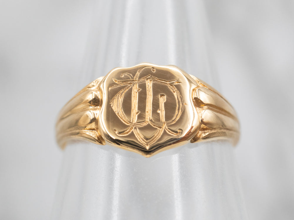 Yellow Gold Shield Signet Ring with Etched Design - Market Square Jewelers