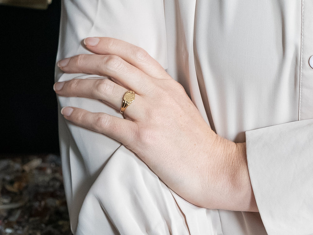 Yellow Gold Shield Signet Ring with Etched Design - Market Square Jewelers