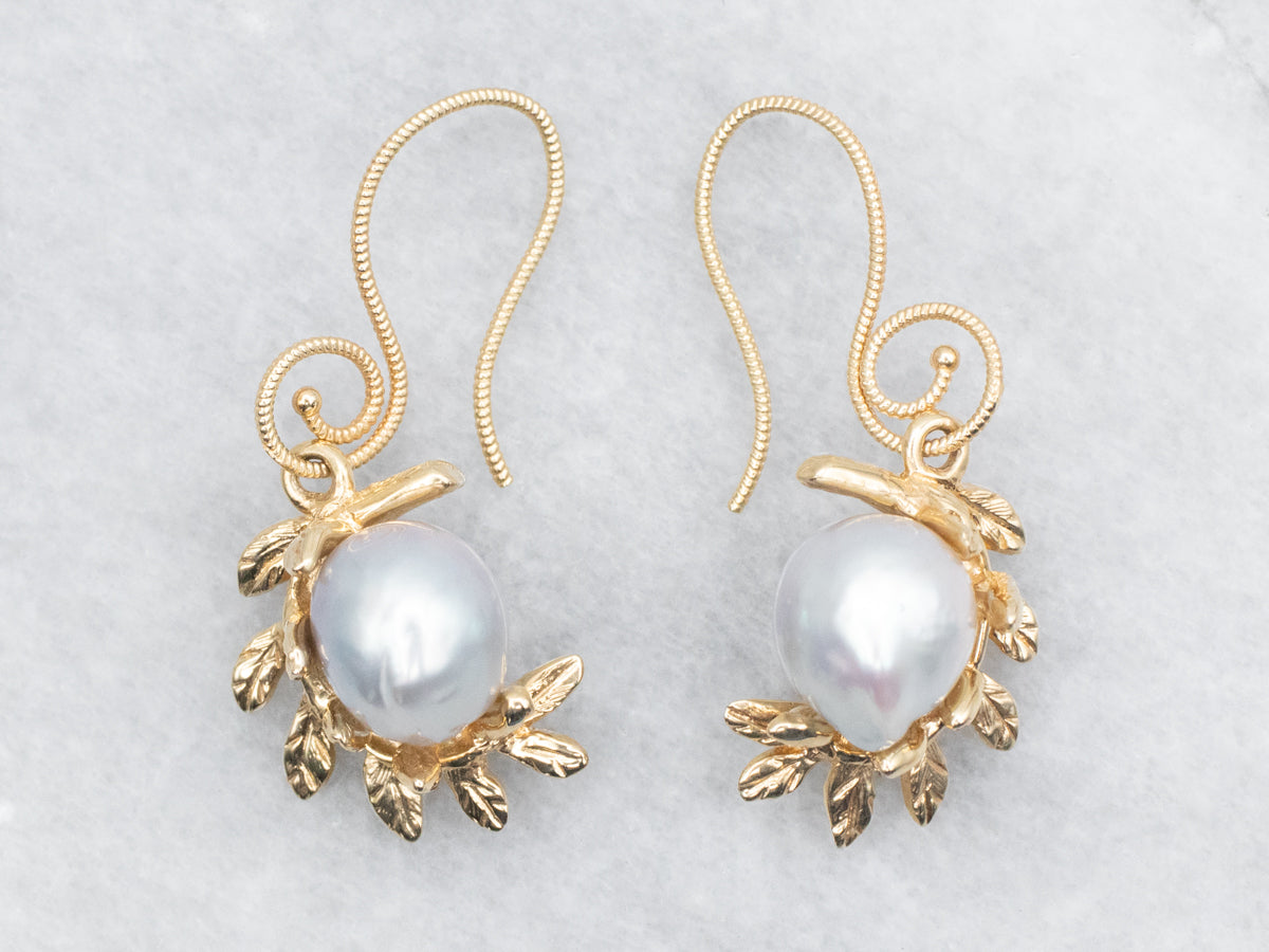 Blue-Gray Pearl Botanical Drop Earrings - Market Square Jewelers