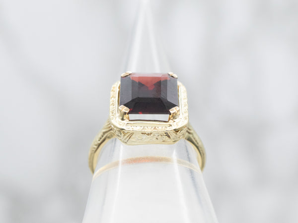 Patterned Frame Garnet Solitaire Ring - Market Square Jewelers