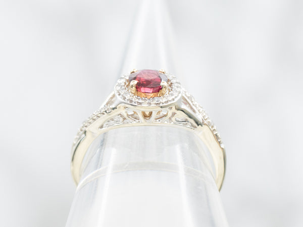 Modern Ruby and Diamond Halo Twisted Shank Ring - Market Square Jewelers