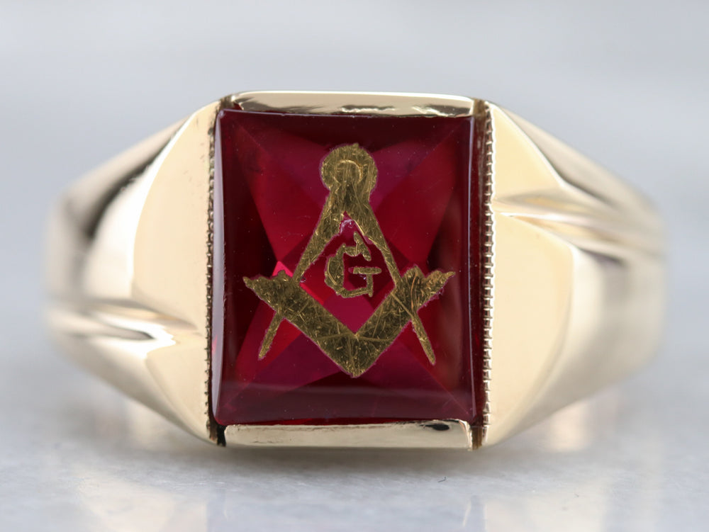 Men's Ruby Red Glass Masonic Ring - Market Square Jewelers