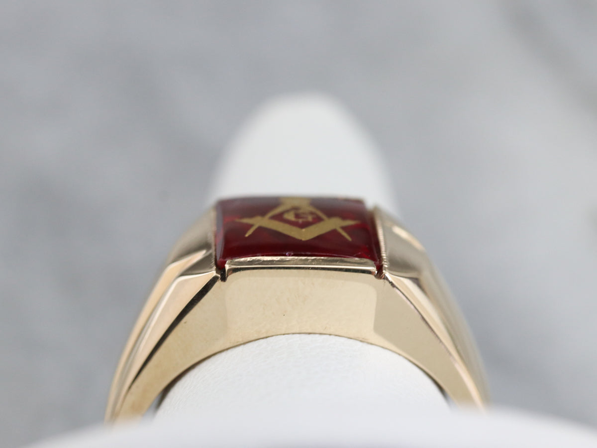 Men's Ruby Red Glass Masonic Ring - Market Square Jewelers