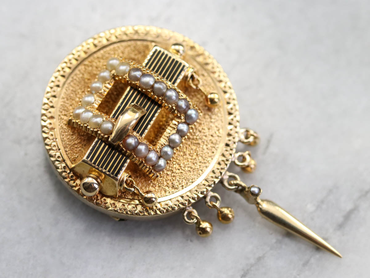 Seed Pearl Gold Medallion Brooch - Market Square Jewelers