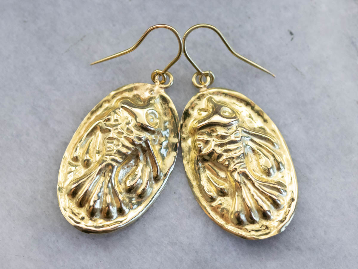 Vintage Green Gold Repousse Fish Drop Earrings