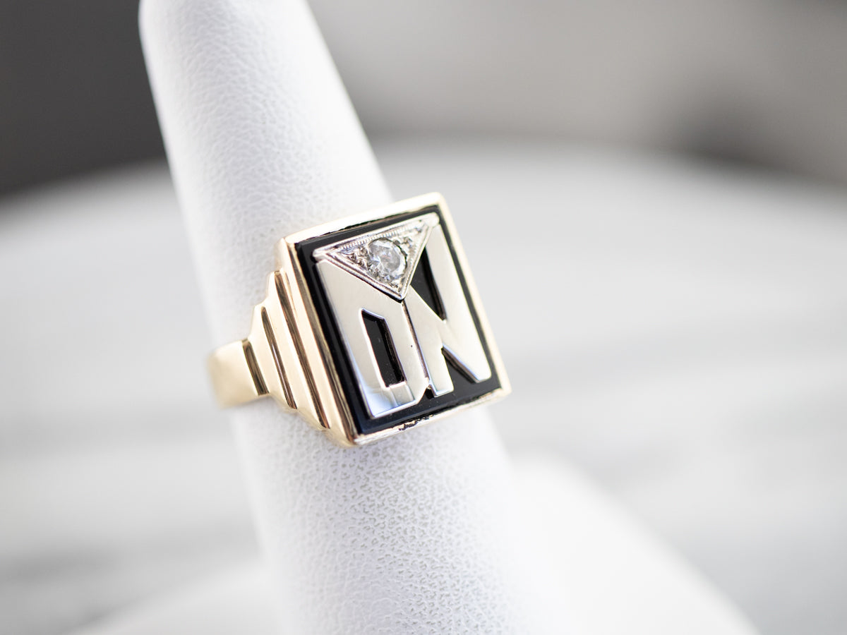 Men's Onyx and Diamond Retro "DN" Signet Ring, - Market Square Jewelers
