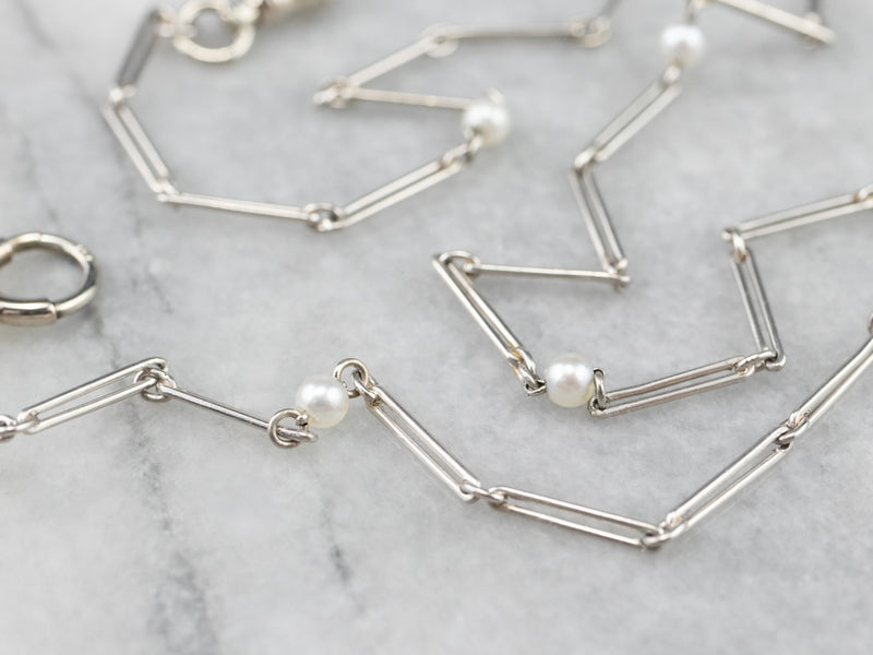 Vintage Pearl White Gold Bar Link Watch Chain
