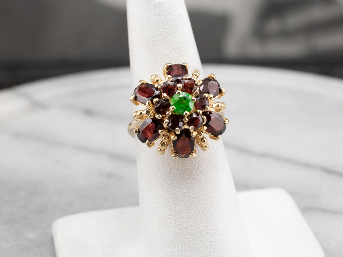 Green and Red Garnet Cluster Gold Statement Ring
