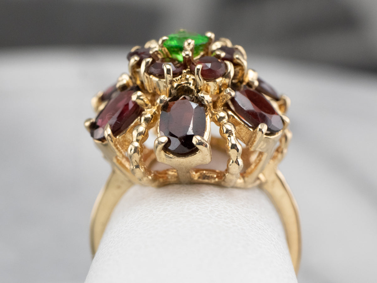 Green and Red Garnet Cluster Gold Statement Ring