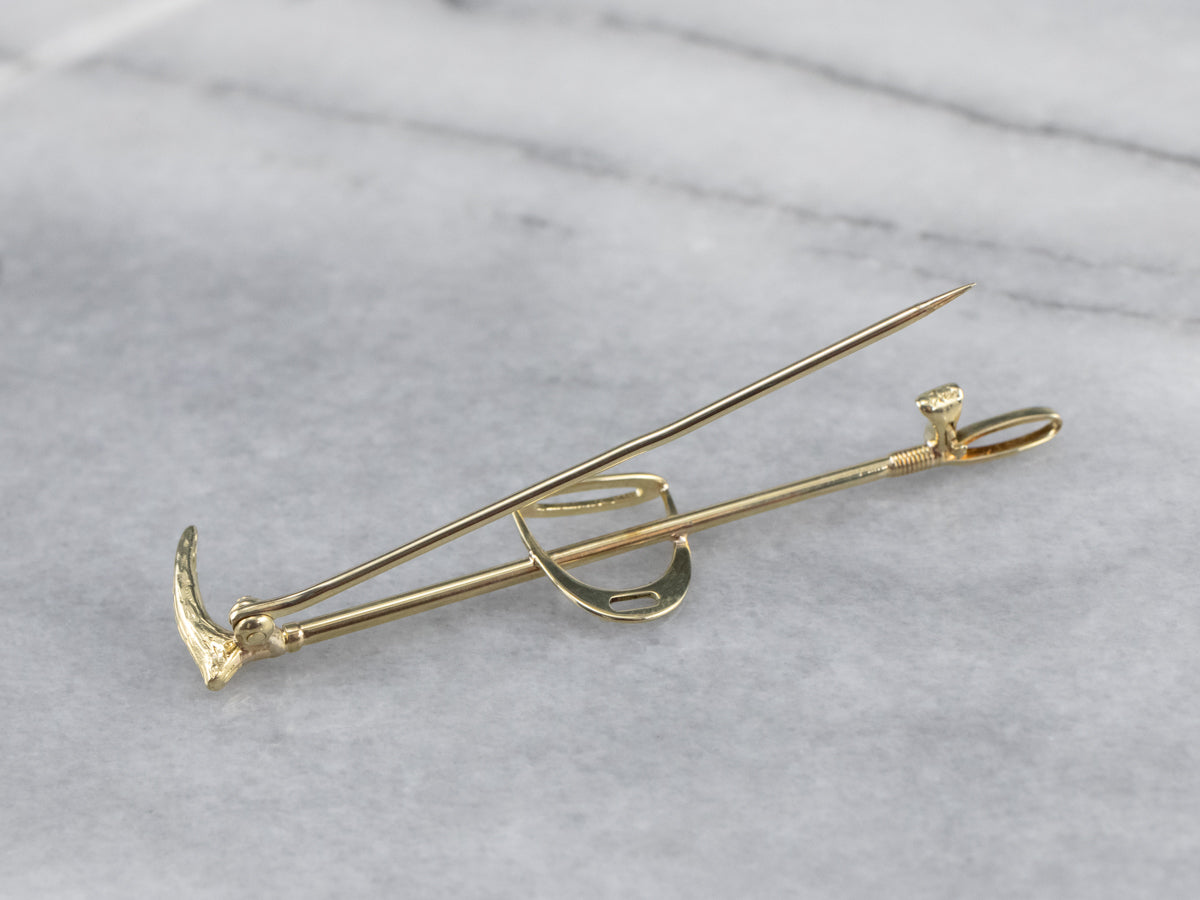Vintage Equestrian Riding Crop Green Gold Pin - Market Square Jewelers