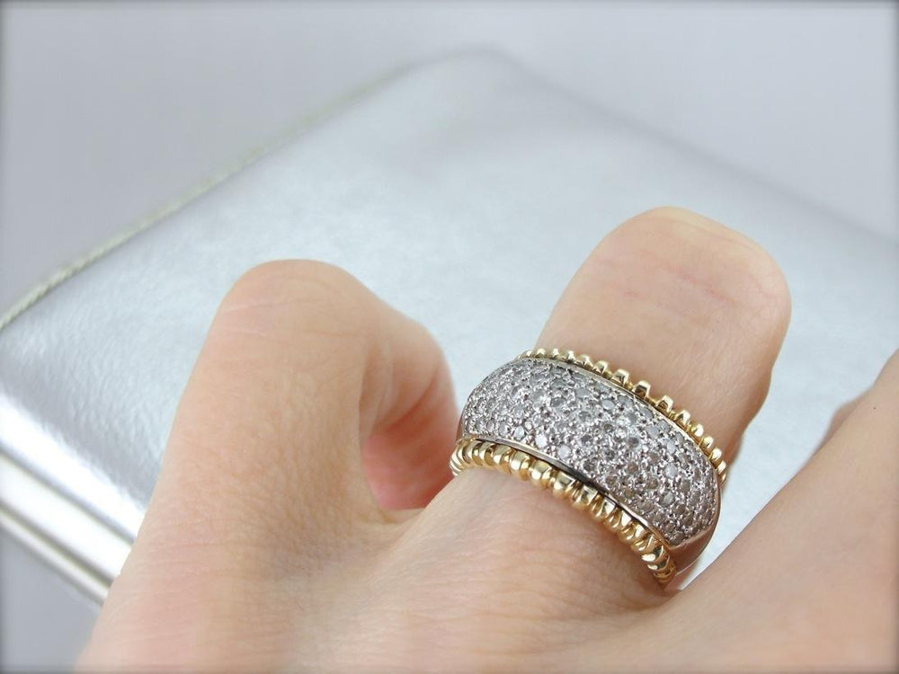 Wide Diamond Studded Cocktail Band with Gold Trim - Market Square Jewelers