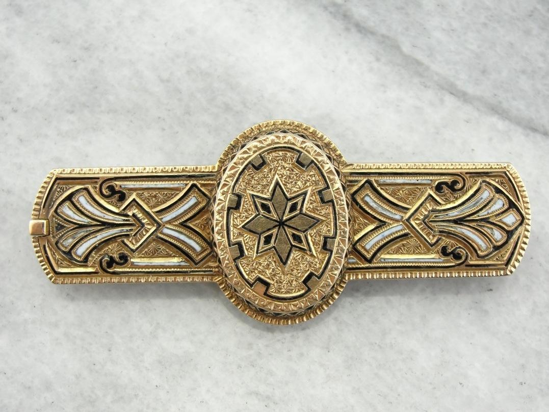 Ornate and Elegant: Victorian Gothic Enamel Brooch - Market Square Jewelers