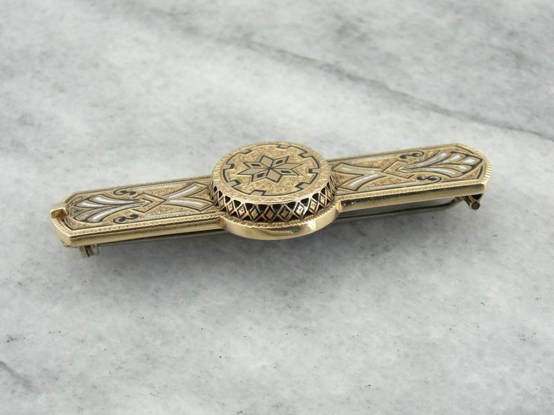 Ornate and Elegant: Victorian Gothic Enamel Brooch - Market Square Jewelers