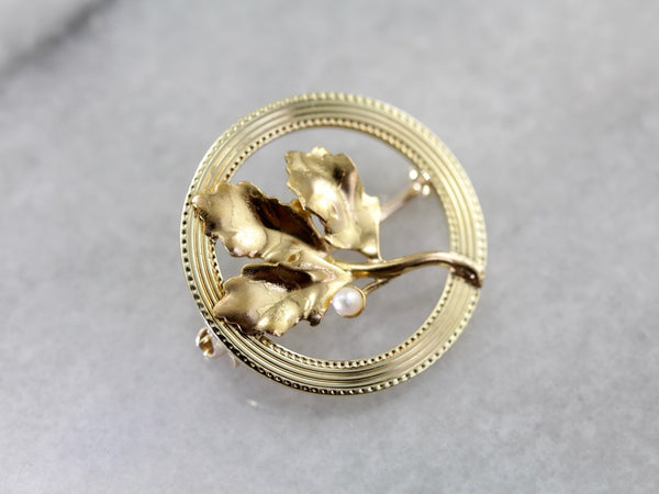 Circular Leaf Pin with Pearl Accent in Yellow Gold - Market Square Jewelers