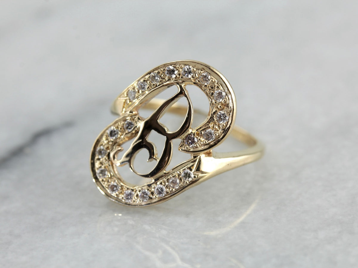 One of a Kind B Monogram Ring with Diamond Frame - Market Square Jewelers