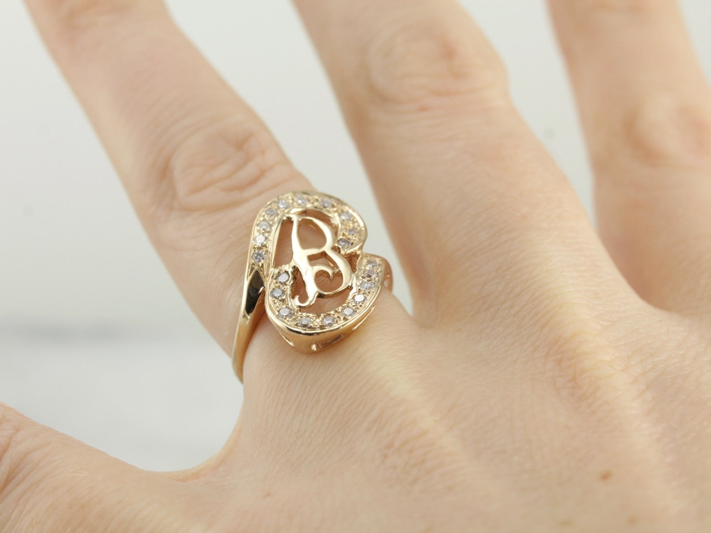 One of a Kind B Monogram Ring with Diamond Frame - Market Square Jewelers