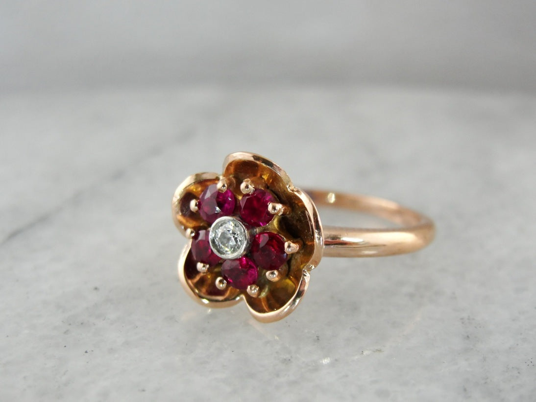 Vintage Ruby and Diamond Floral Ring