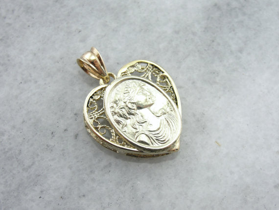 Greek Woman's Relief in Filigree Heart Pendant - Market Square Jewelers