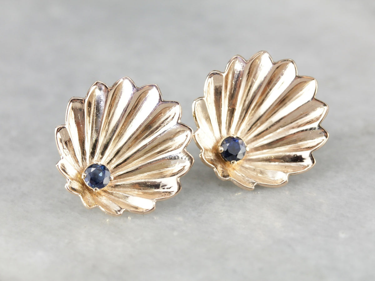 Retro Era Sapphire Scallop Shell Stud Earrings