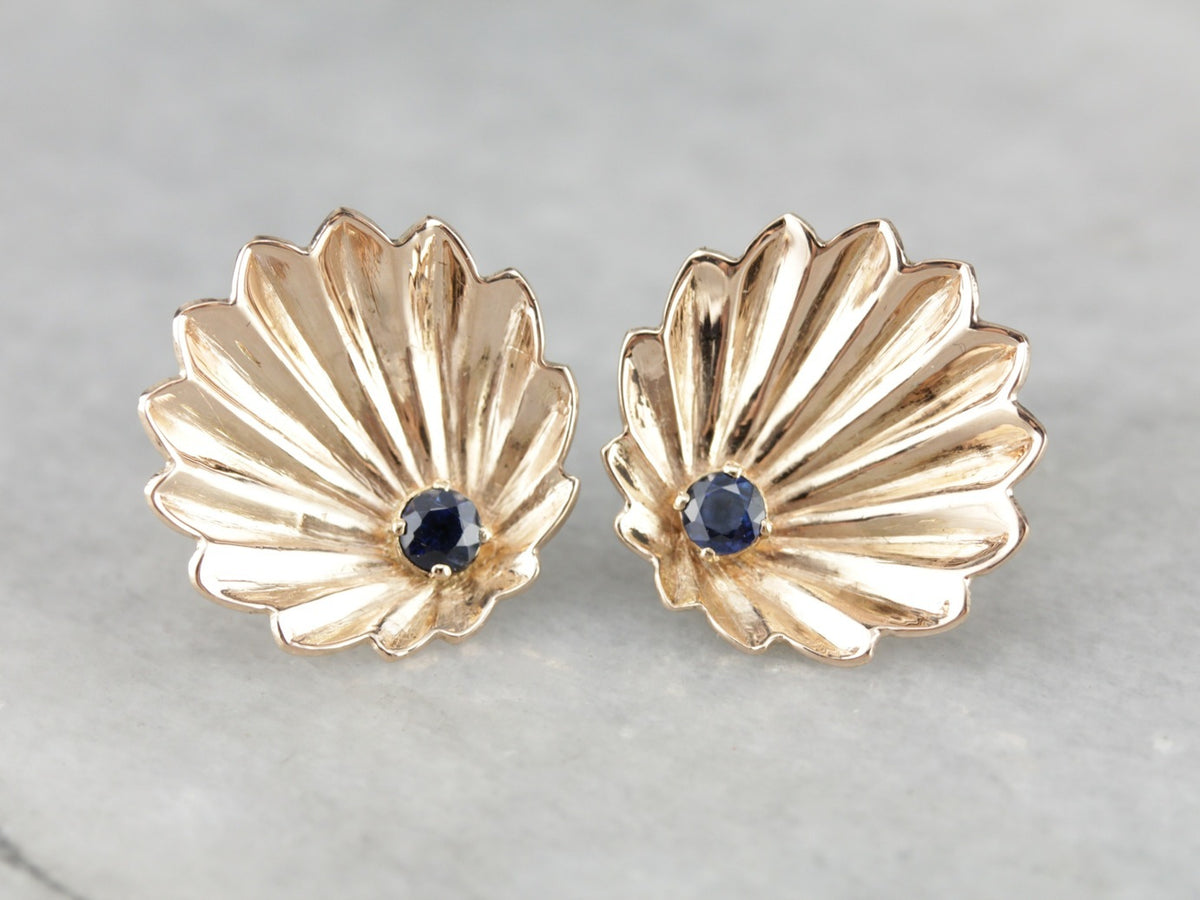 Retro Era Sapphire Scallop Shell Stud Earrings