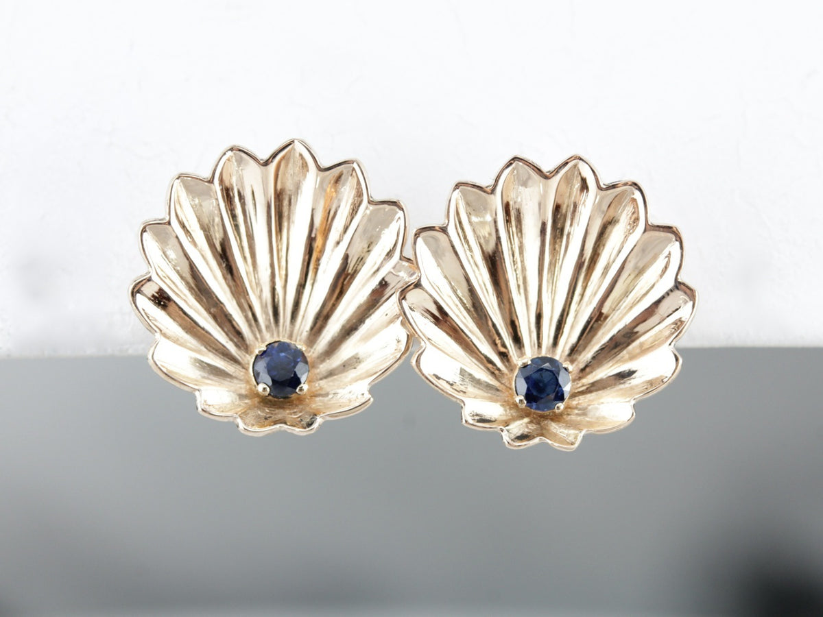 Retro Era Sapphire Scallop Shell Stud Earrings